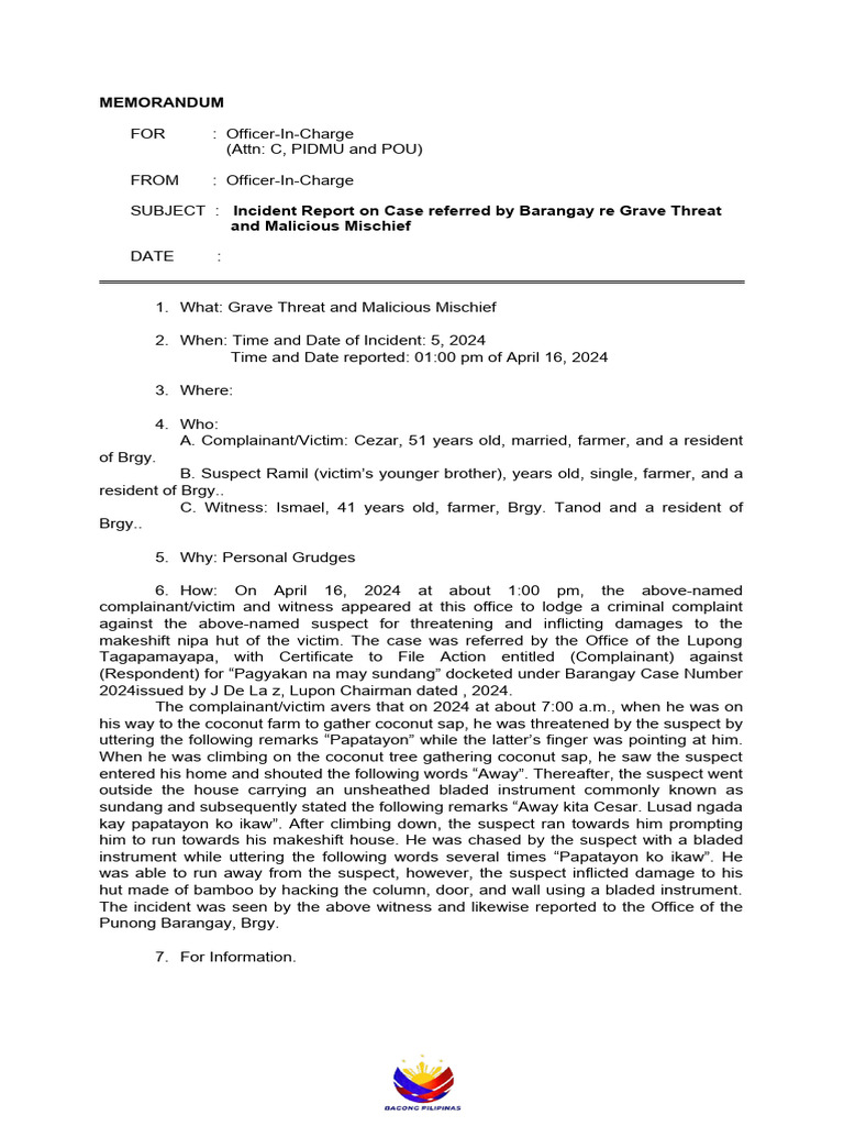 Incident Report Re Cases Referred by Barangay for Grave Threats and ... Incident Report Re Cases Referred by Barangay for Grave Threats and ...