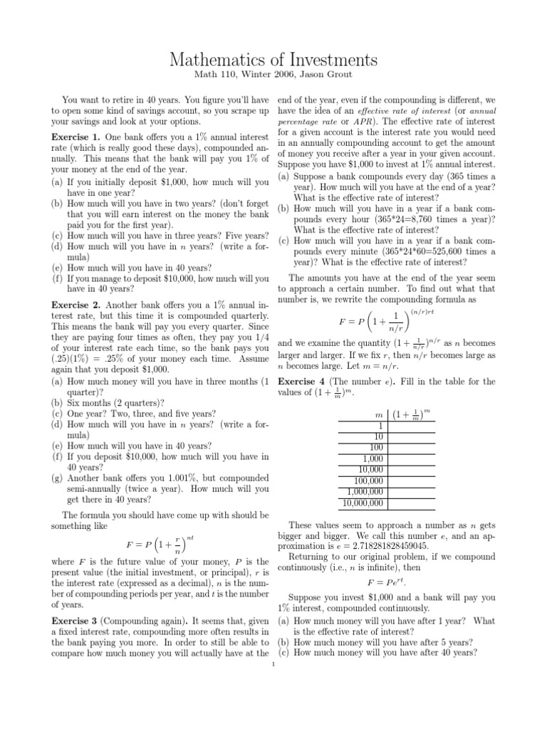 Mathematics of Investments: Math 110, Winter 2006, Jason Grout | PDF ...