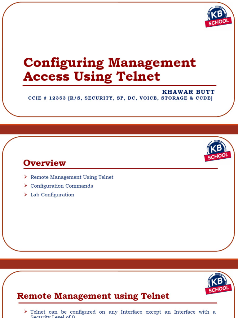 Configuring Management Access Using Telnet: Khawar Butt | PDF | Internet Standards | Network ...