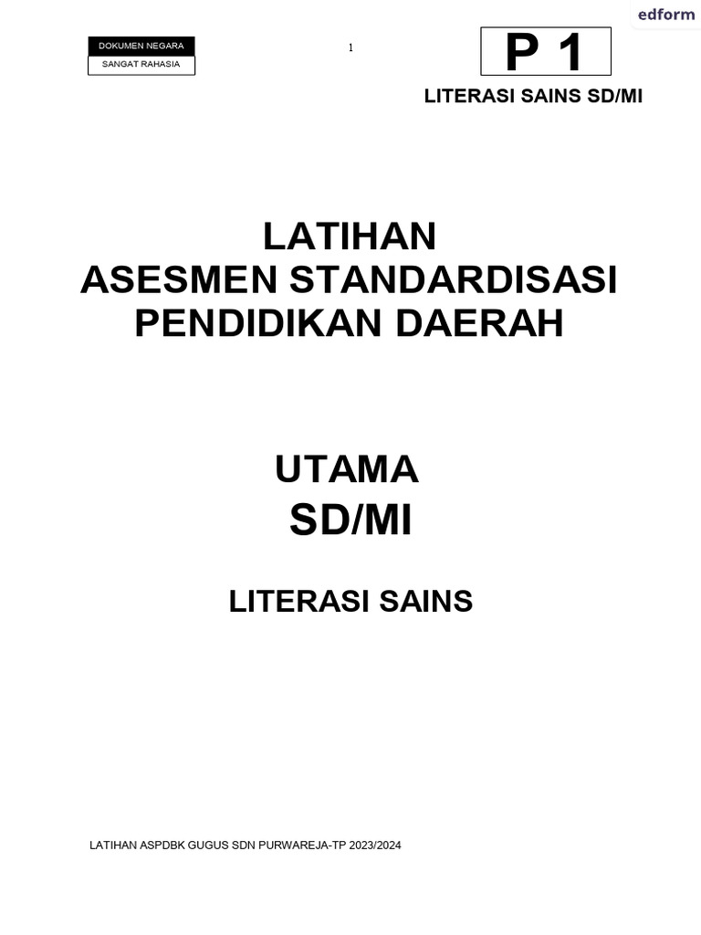 Print Soal Tryout Literasi Sains Paket 1 TK Gugus - Edform | PDF | Griya & Taman
