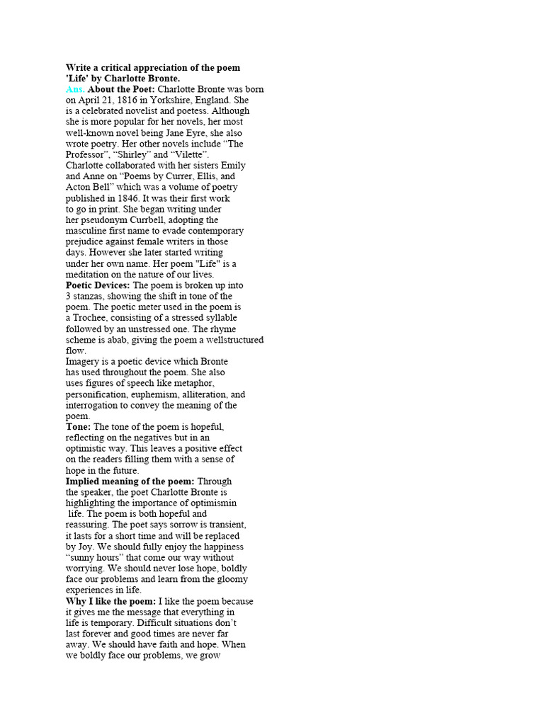 Appreciation of The Poem Life by Charlotte Bronte | PDF