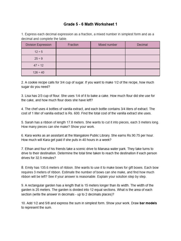 Grade 5 - 6 Math Worksheet 1 | PDF | Cooking, Food & Wine | Art