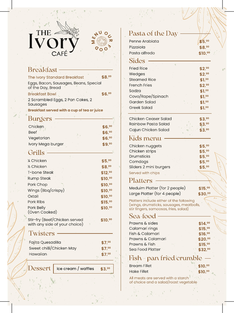 The Ivory Cafe Food Menu Print | PDF