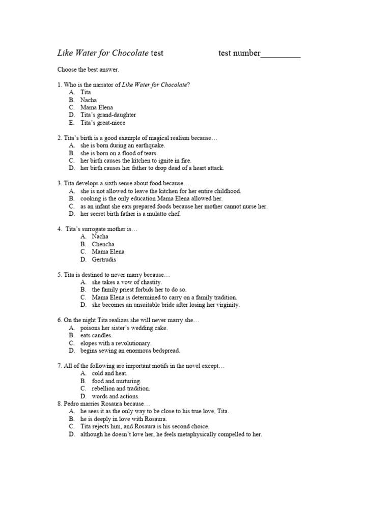 Like Water for Chocolate Test Questions | PDF