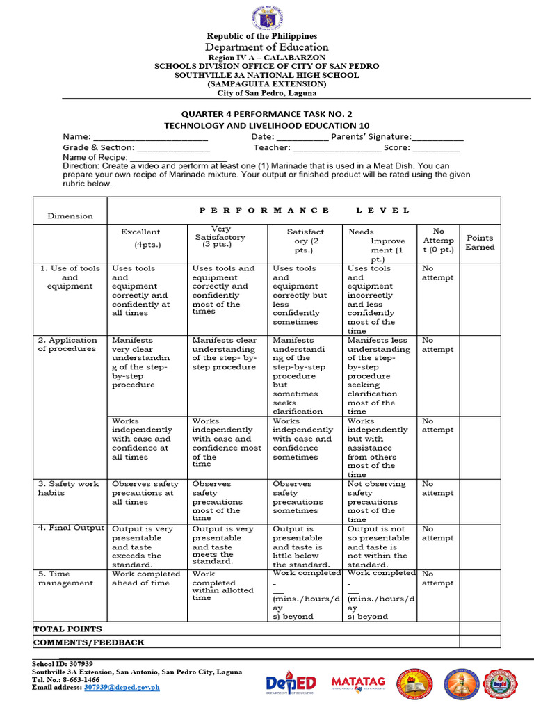 Q4 PT 2 3 Cookery 10 Rubrics | PDF