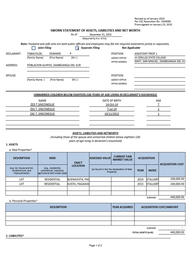 SALN Format 4 | Download Free PDF | Net Worth | Business Economics