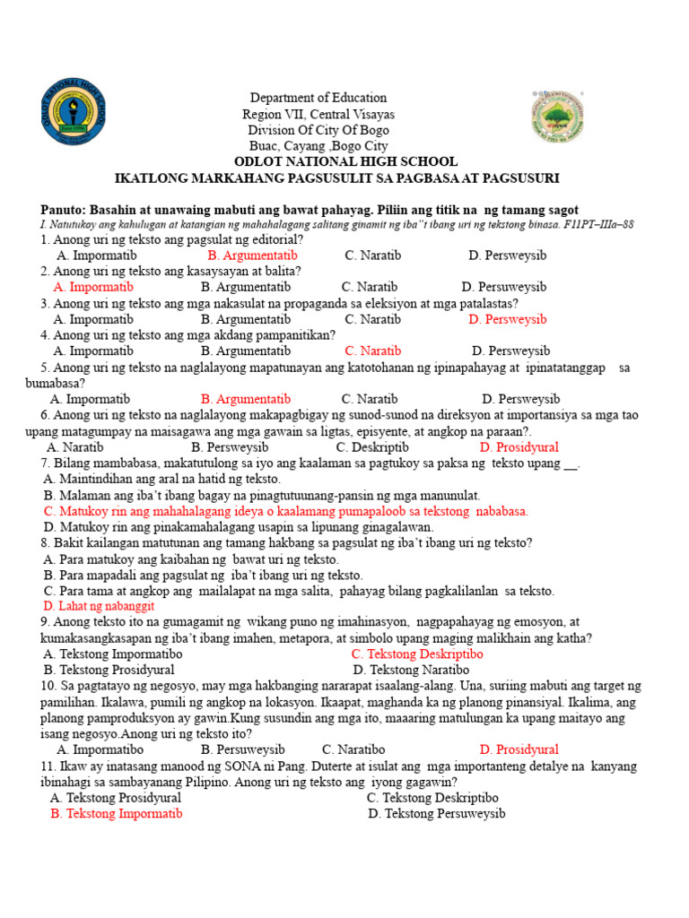 Summatives Test-Pabasa (2023-2024) - Answer Key | PDF