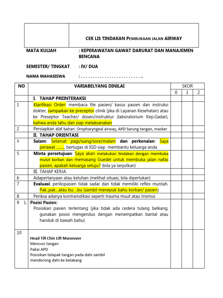 Cek Lis Tindakan Pemasangan Guedel Airway-1 | PDF