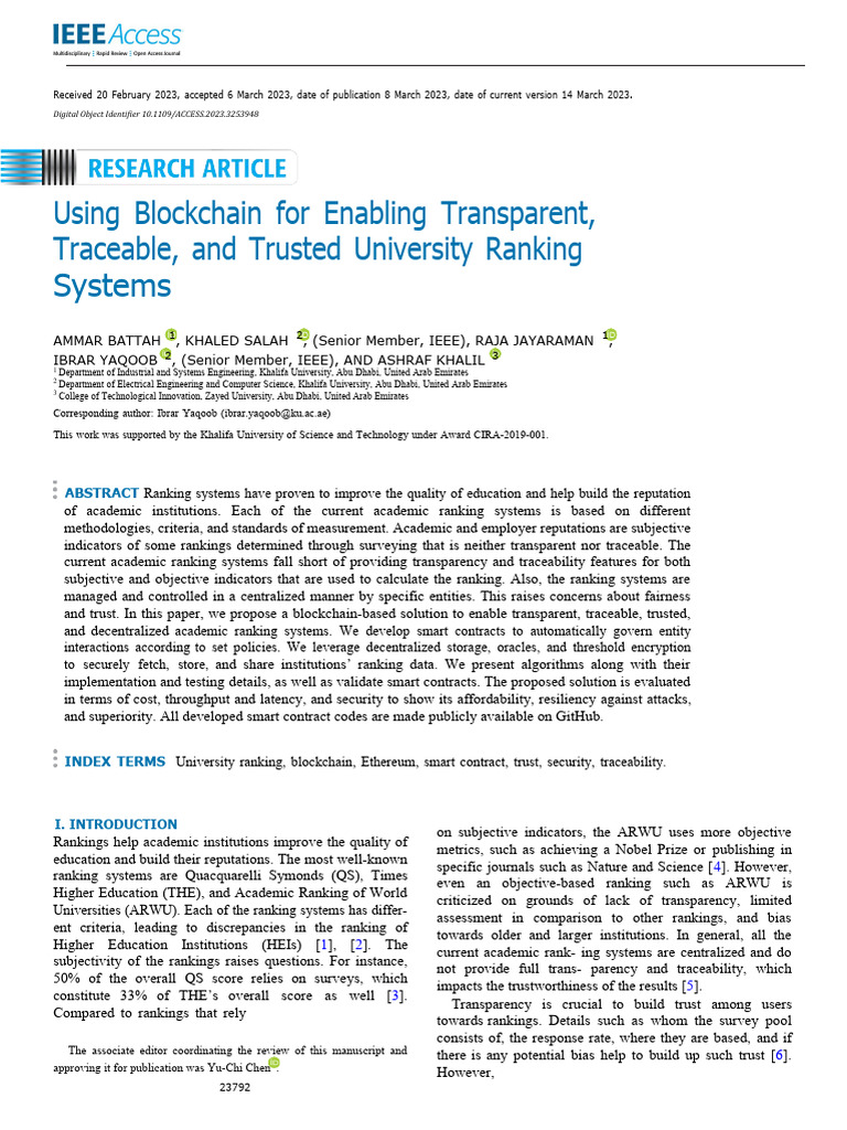 Using Blockchain For Enabling Transparent Traceable and Trusted University Ranking Systems | PDF