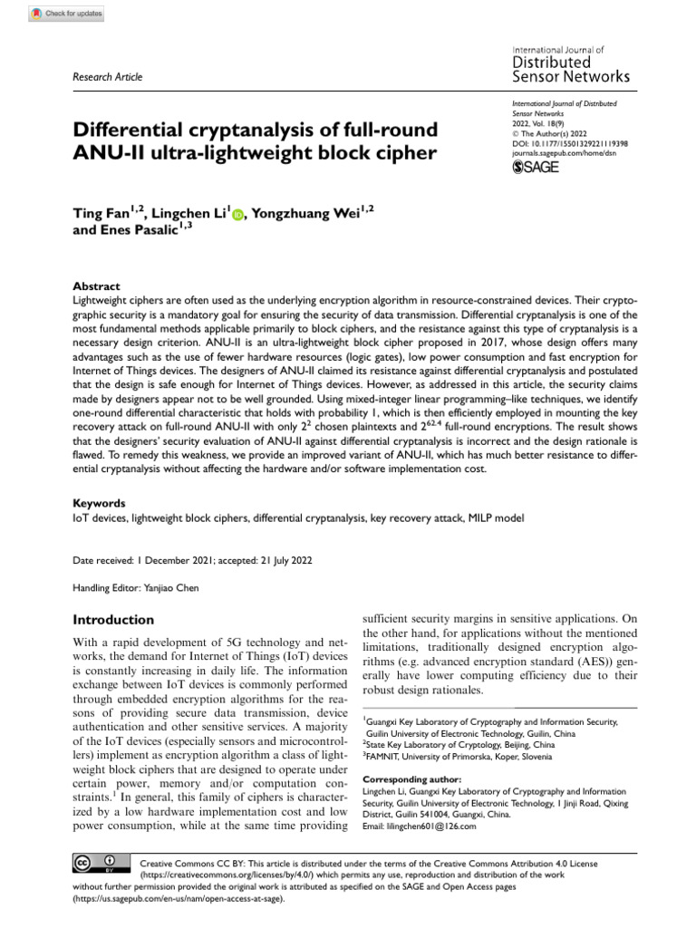 Fan Et Al 2022 Differential Cryptanalysis of Full Round Anu II Ultra Lightweight Block Cipher ...