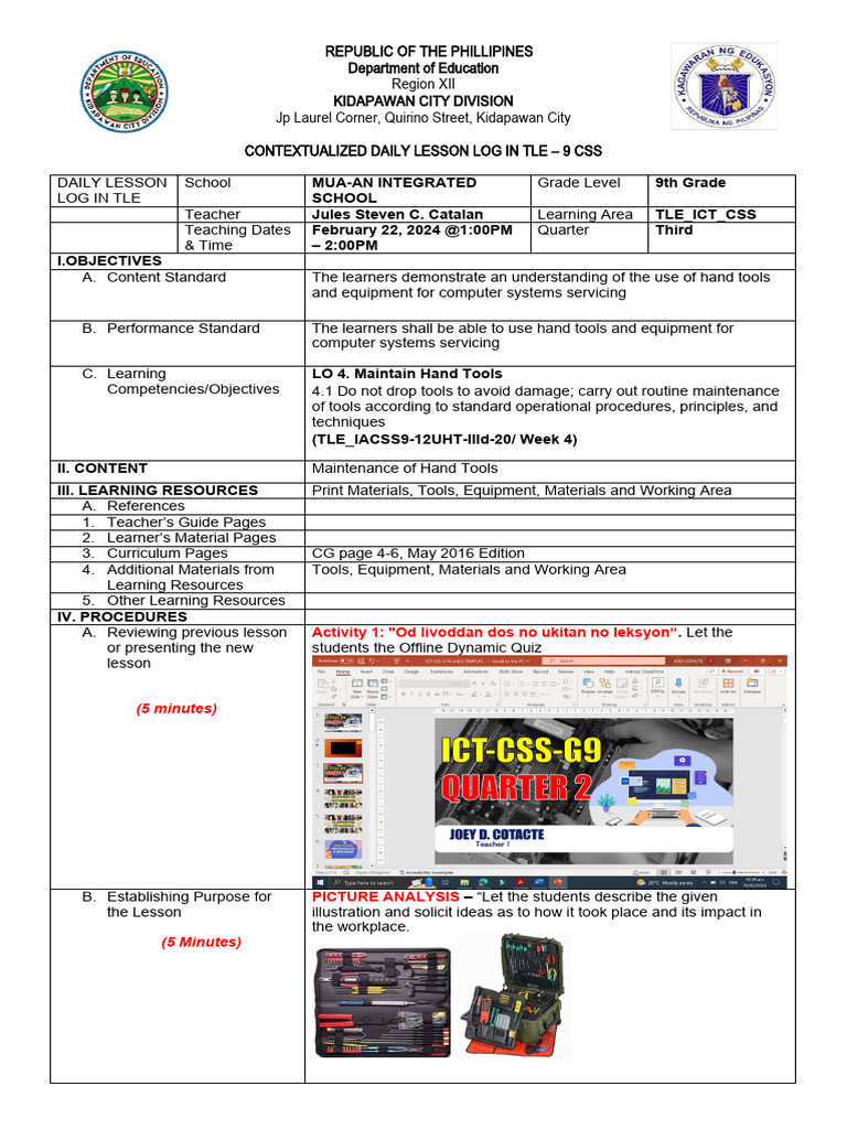ICT CSS GRADE 9 - Q3 - Maintain Hand Tools | PDF | Learning | Screw ICT CSS GRADE 9 - Q3 - Maintain Hand Tools | PDF | Learning | Screw
