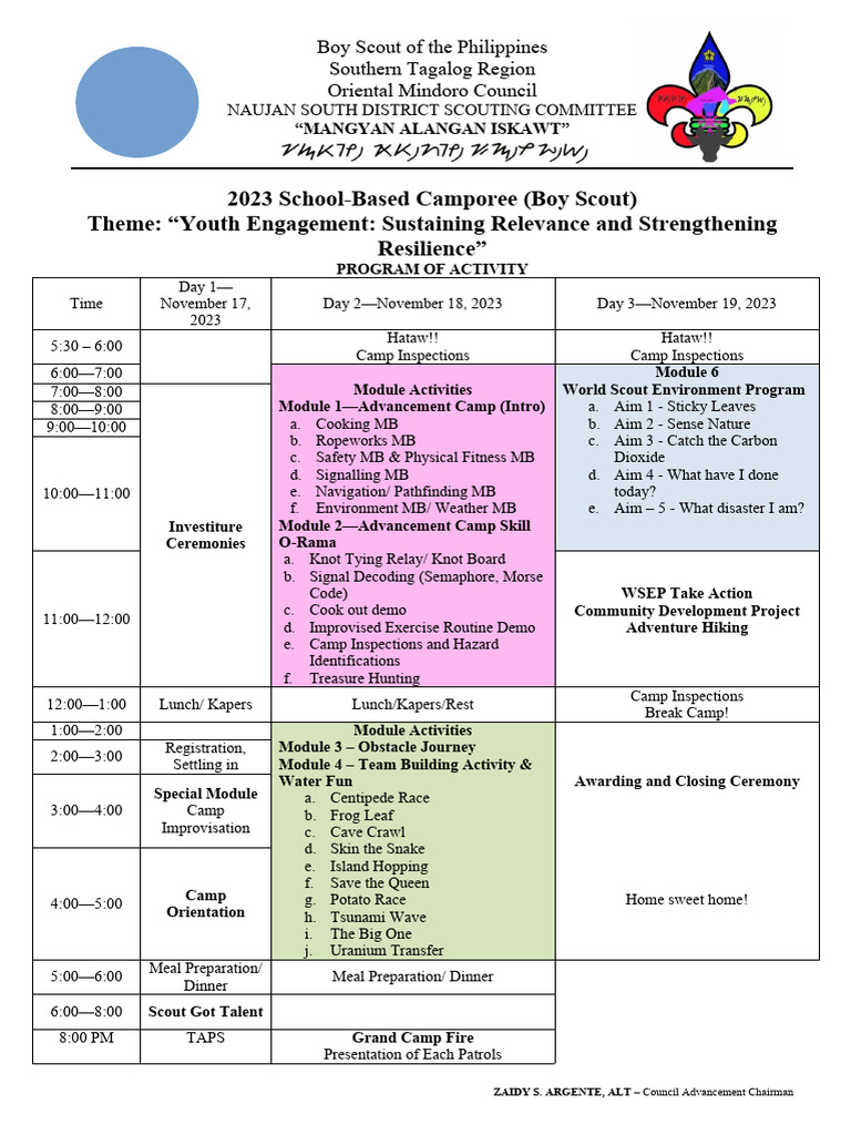 2023 BSP School Based Cluster Based Advancement Camp Suggested ...