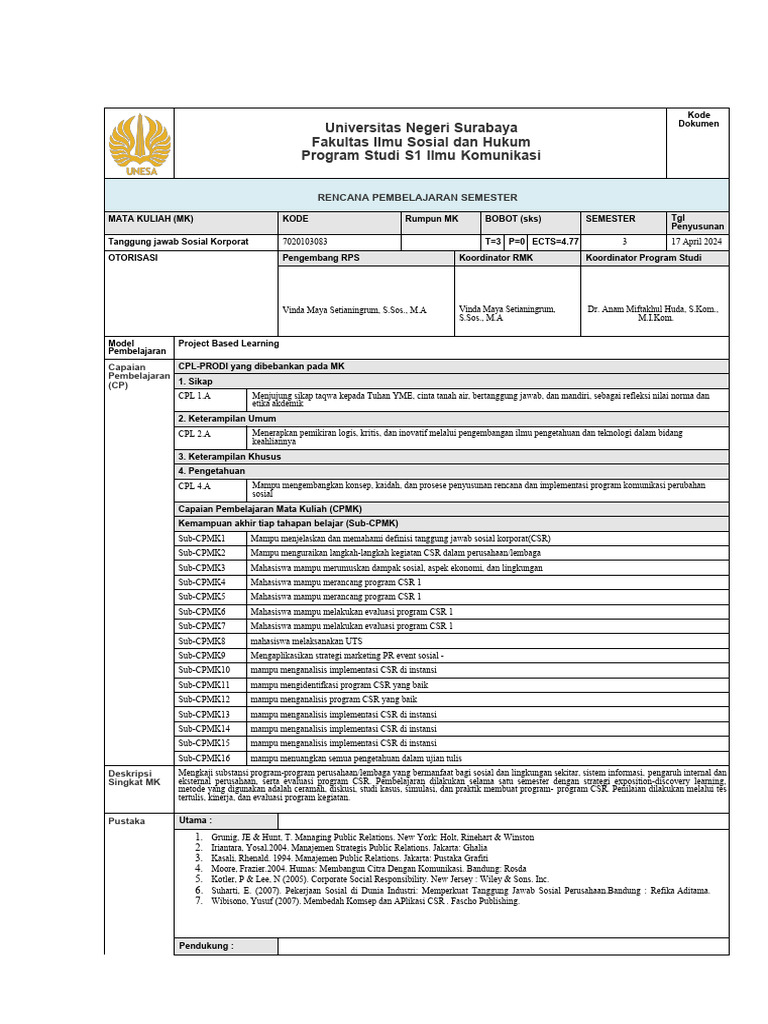 RPS Tanggung Jawab Sosial Korporat | PDF