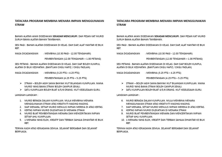 Tatacara Program Membina Menara Impian Menggunakan Straw | PDF