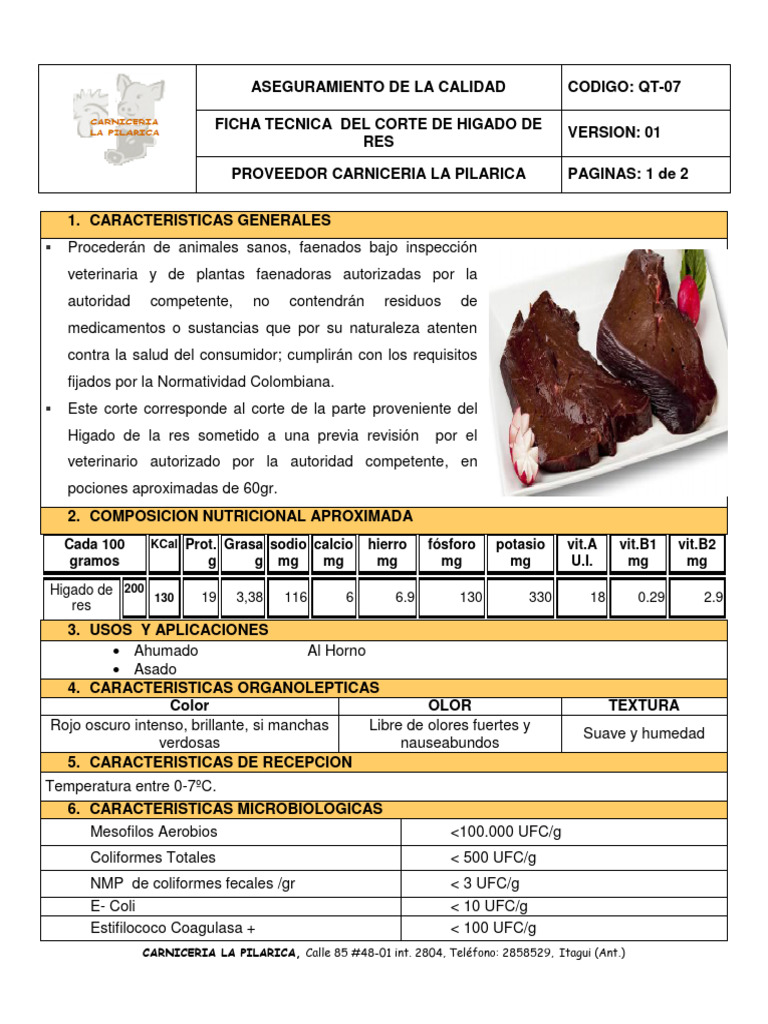 Ficha Técnica Carne de Res - Hígado | Descargar gratis PDF | Carne de ...