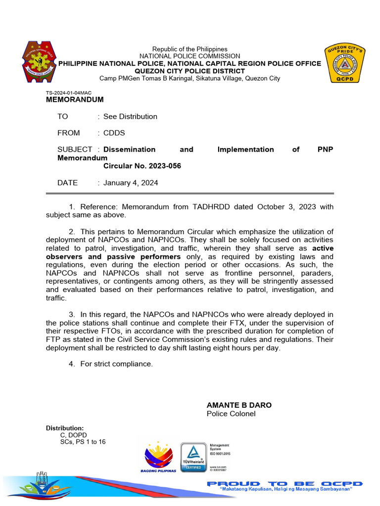 Dissemination and Implementation of PNP Memorandum Circular No. 2023-056 | PDF