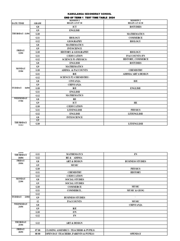 End of Term 1 Test Time Table - 2024-1 | Download Free PDF | Inquiry ...