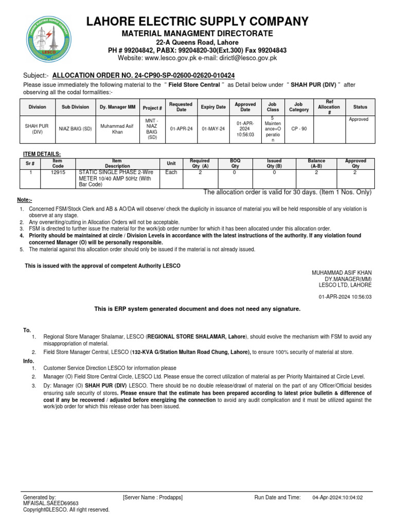LESCO CP90 Allocation Order 040424 | PDF