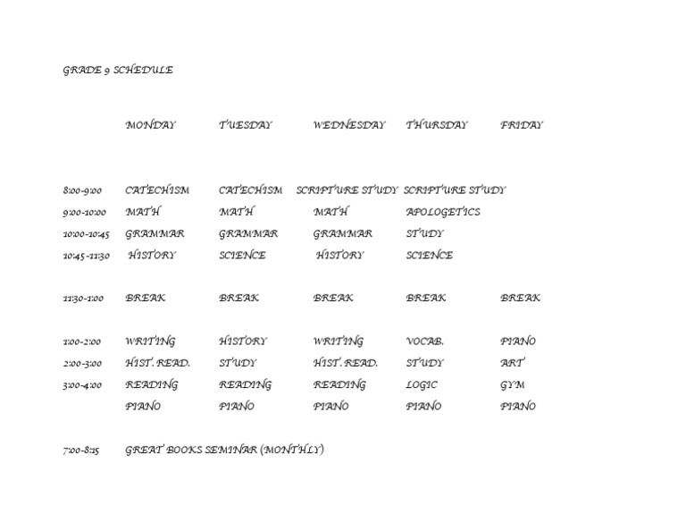 Grade 9 Schedule | PDF