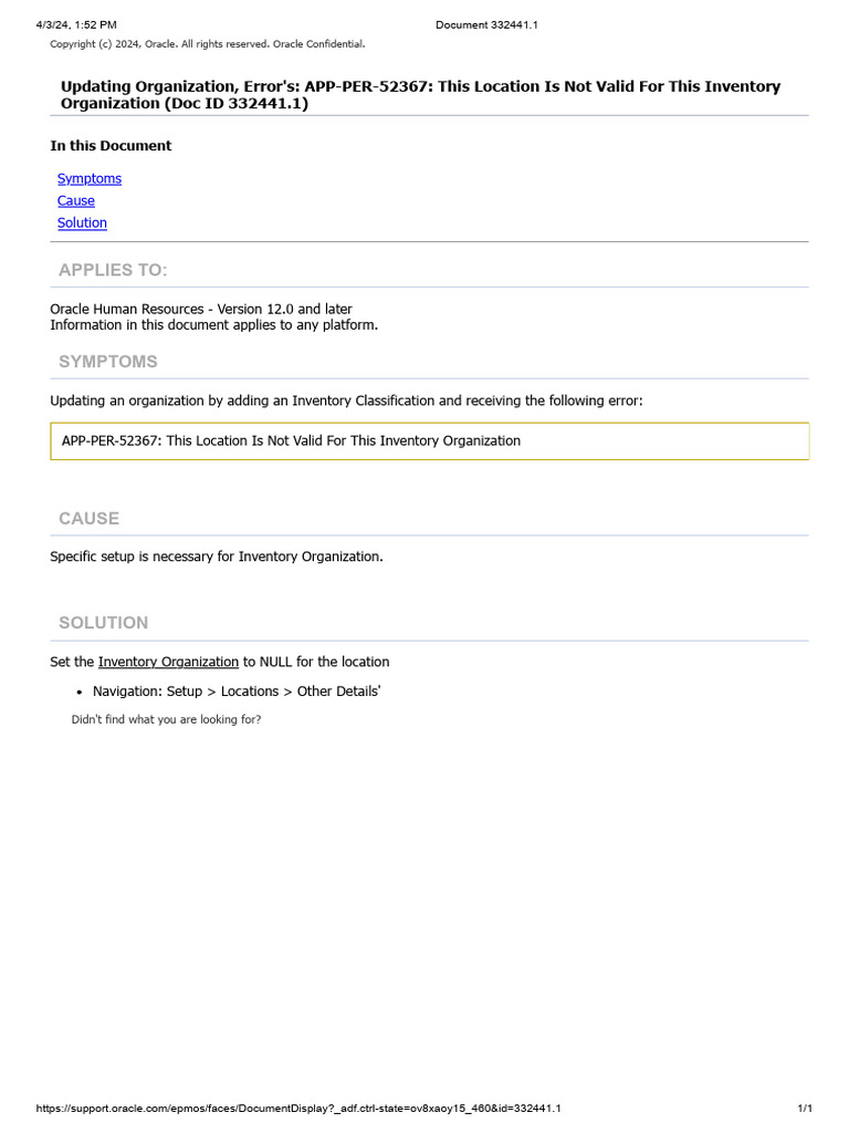 Updating Organization Error APP-PER-52367 This Location Is Not Valid For This Inventory ...