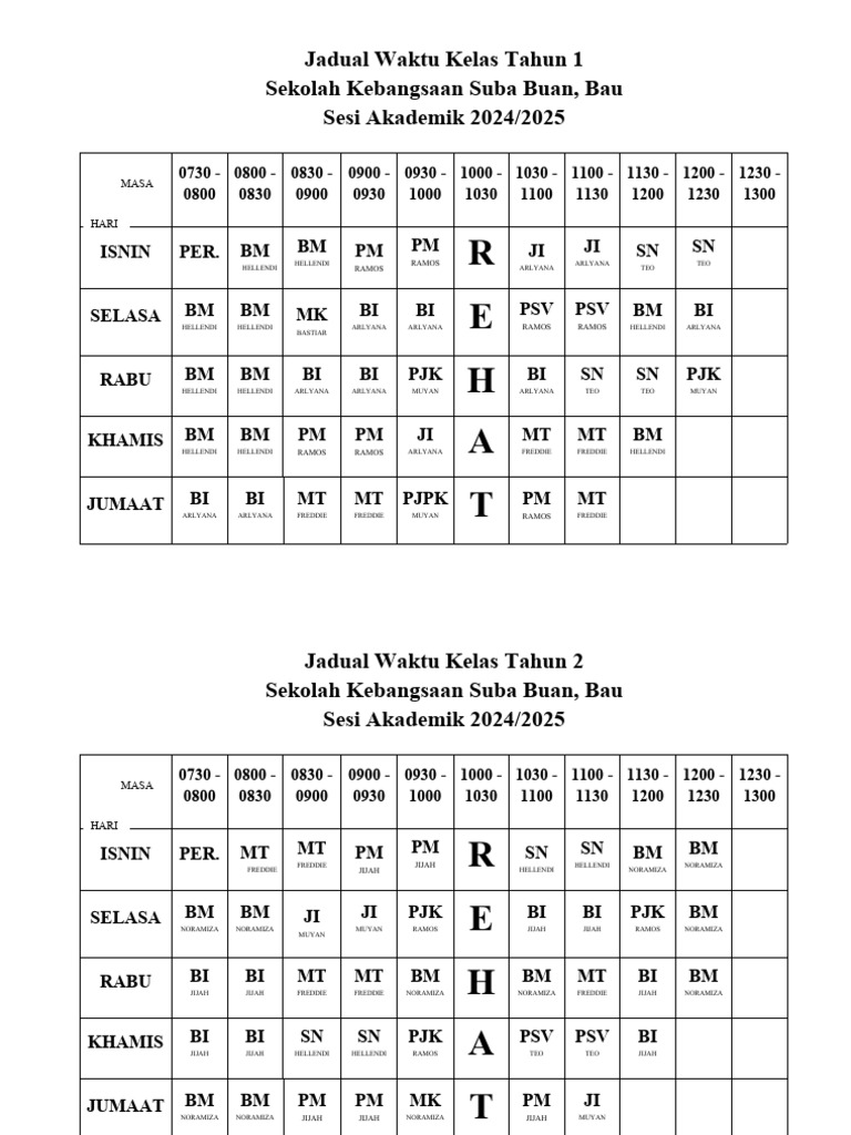 Jadual Waktu Kelas Pdf