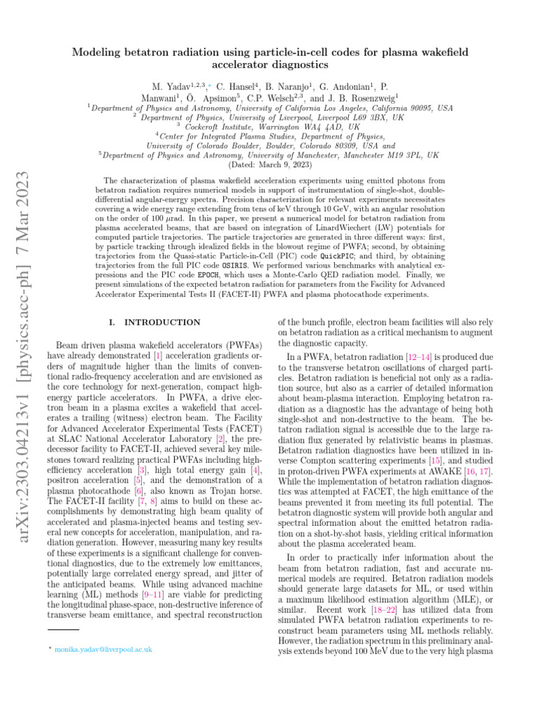Modeling Betatron Radiation Using Particle-In-Cell Codes For Plasma ...