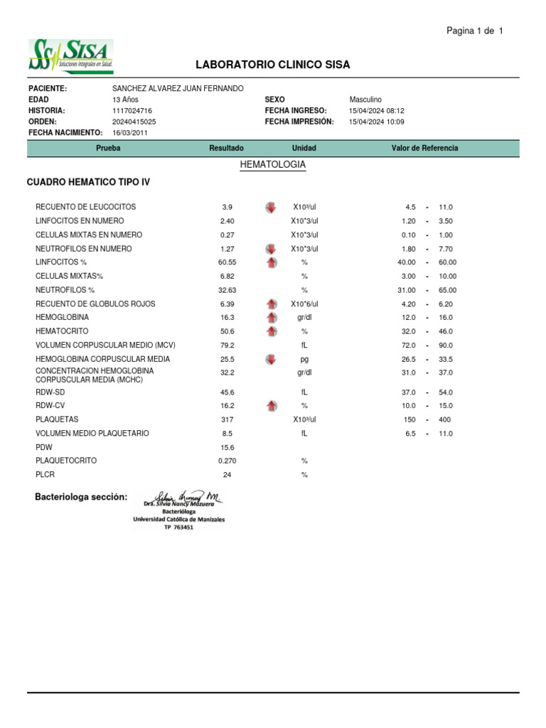 Laboratorio Clinico Sisa: Cuadro Hematico Tipo Iv | PDF | Hematología ...