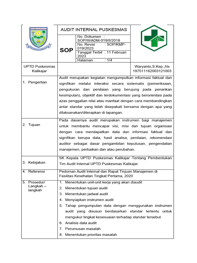 Sop Audit Internal Puskesmas 2023 | PDF