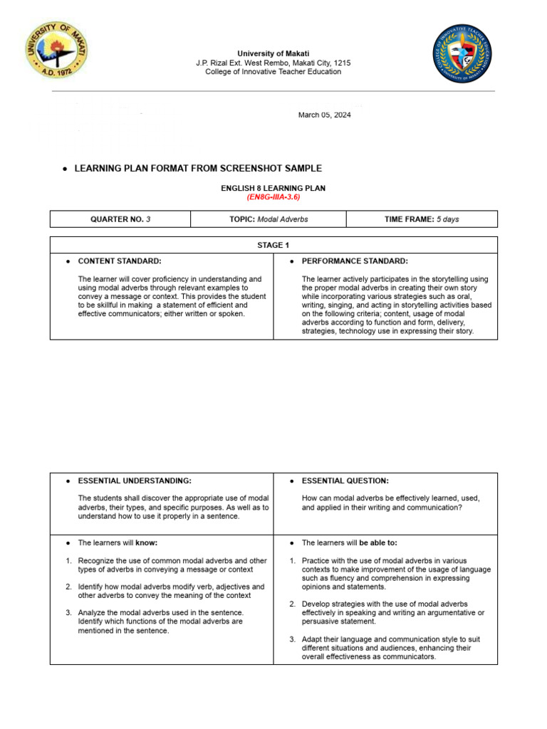 Learning Plan | PDF | Adverb | Educational Technology