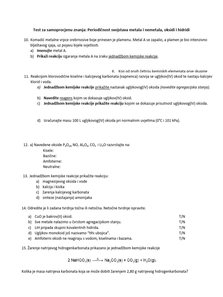 PSE - Test Za Samoprocjenu Znanja - Periodičnost, Oksidi I Hidridi | PDF
