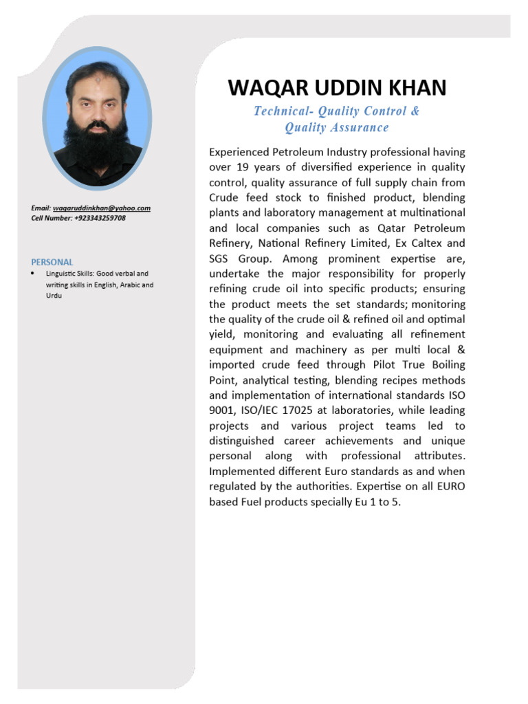 CV - Waqar Uddin Khan Nov. 2022 | PDF | Oil Refinery | Petroleum