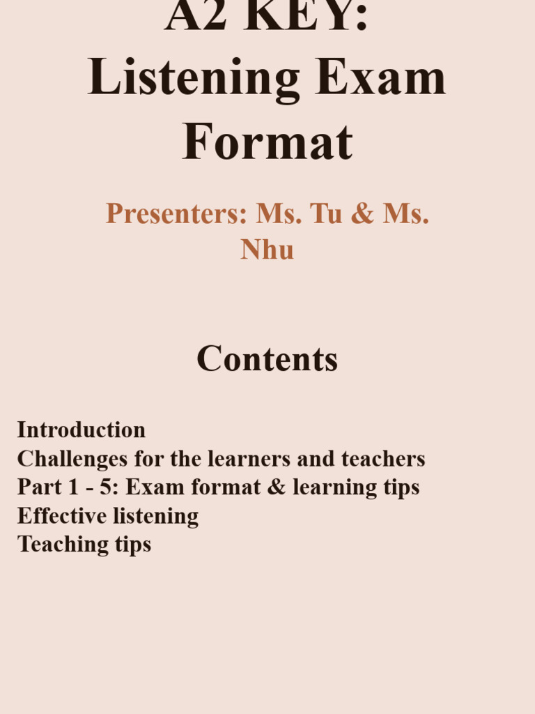 Key A2 Listening Exam Format | PDF | Question | Multiple Choice