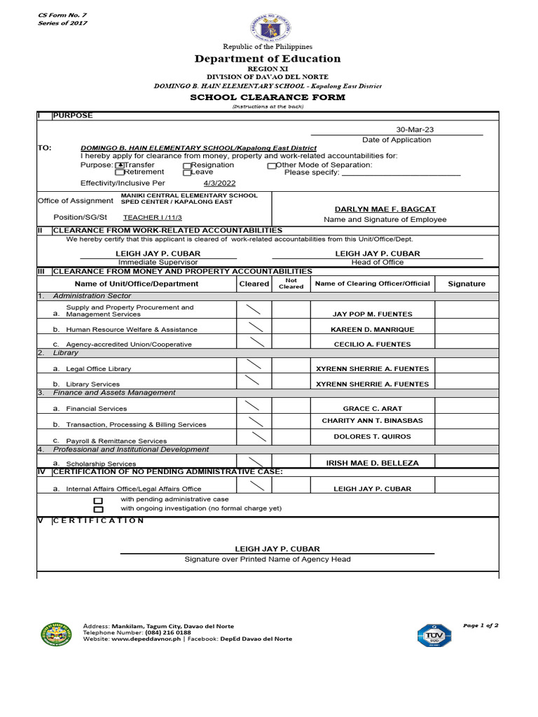 CS Form No. 7 Clearance Form SCHOOL FORMAT | PDF | Economies