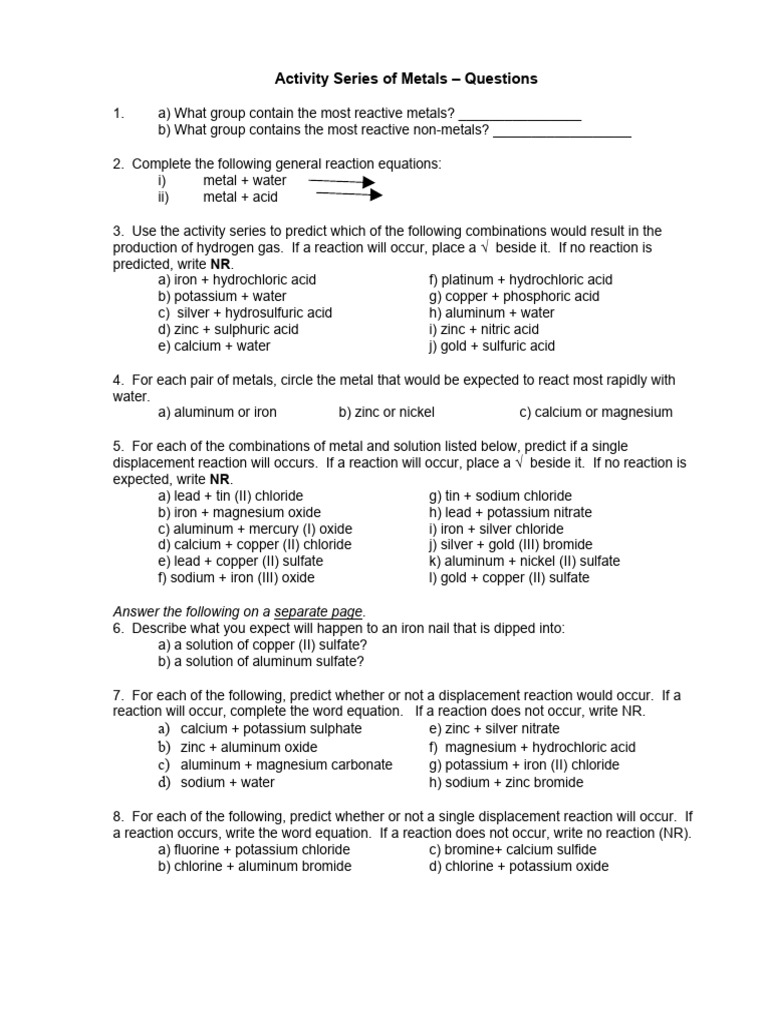 Activity Series of Metals - Questions: A) B) C) D) | PDF | Chemical ...