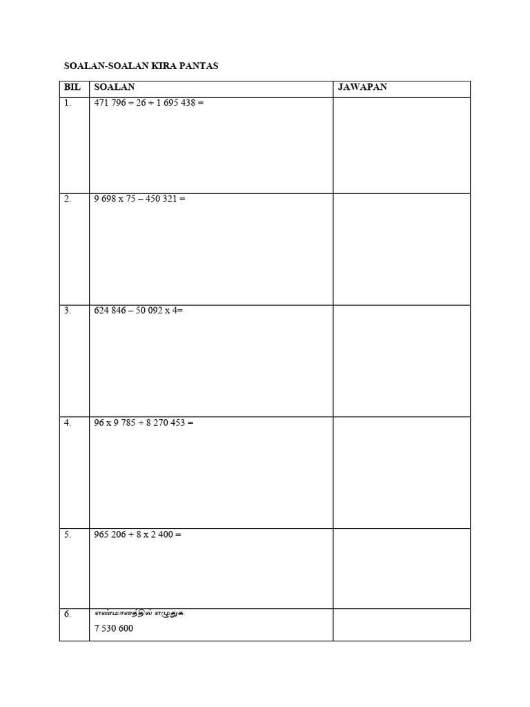 100 Soalan Cepat Kira | PDF | Teaching Methods & Materials