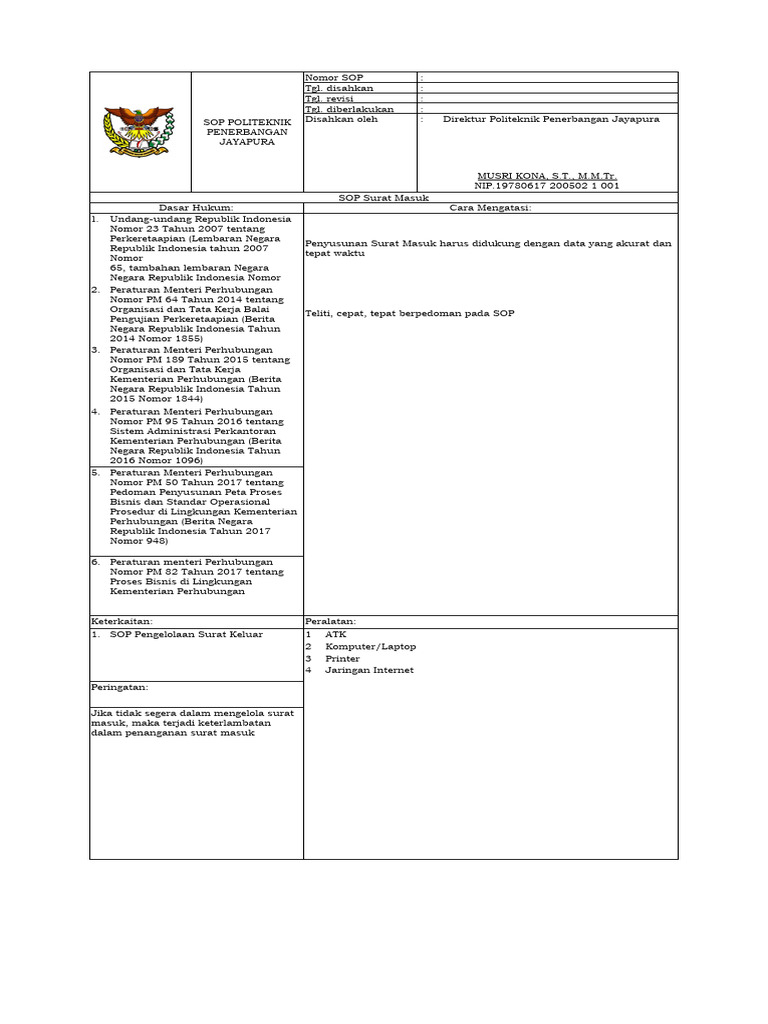 SOP Surat Masuk Poltek Penerbangan | PDF