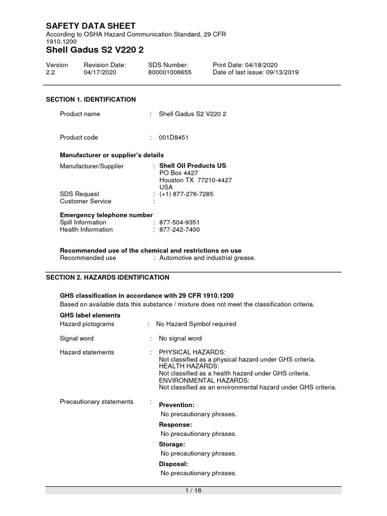 Gadus S2 V220 2 SDS | PDF | Toxicity | Safety