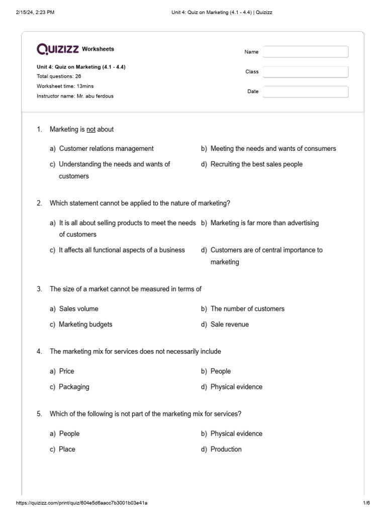 Unit 4 - Quiz On Marketing (4.1 - 4.4) - Quizizz | PDF | Marketing ...
