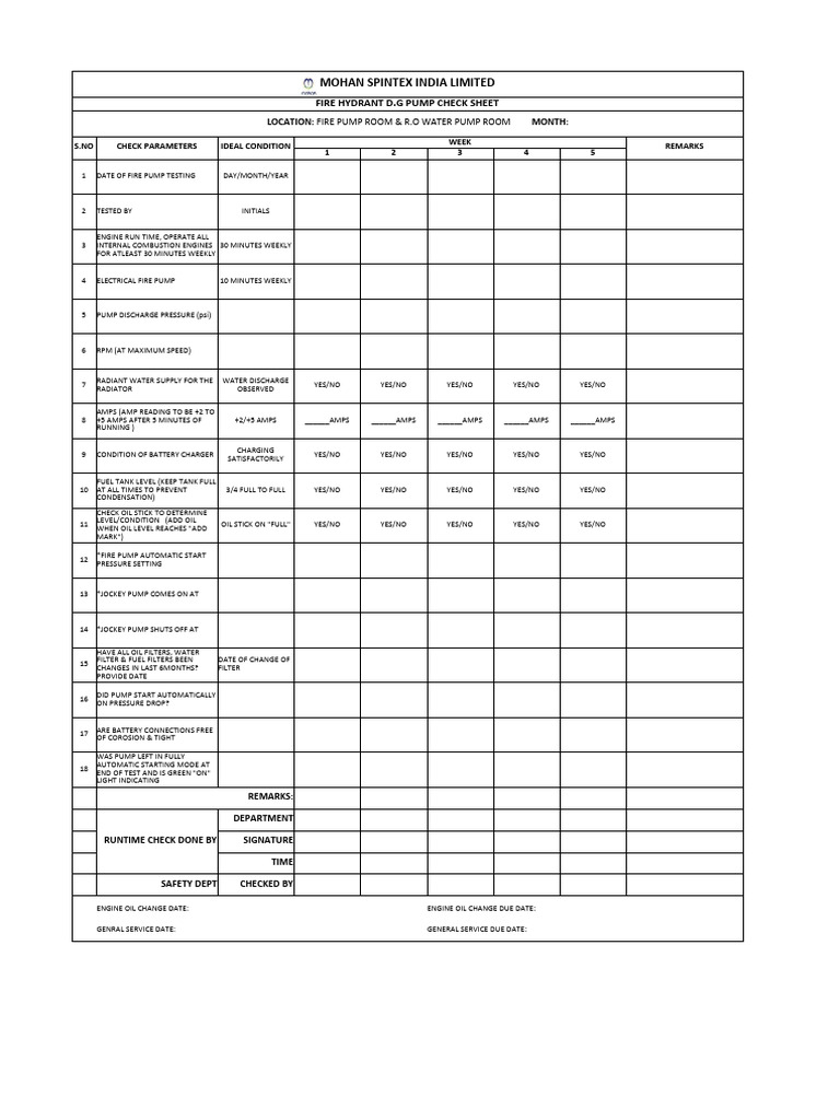 Diesel Genrator Check Sheet | PDF | Diesel Engine | Pump