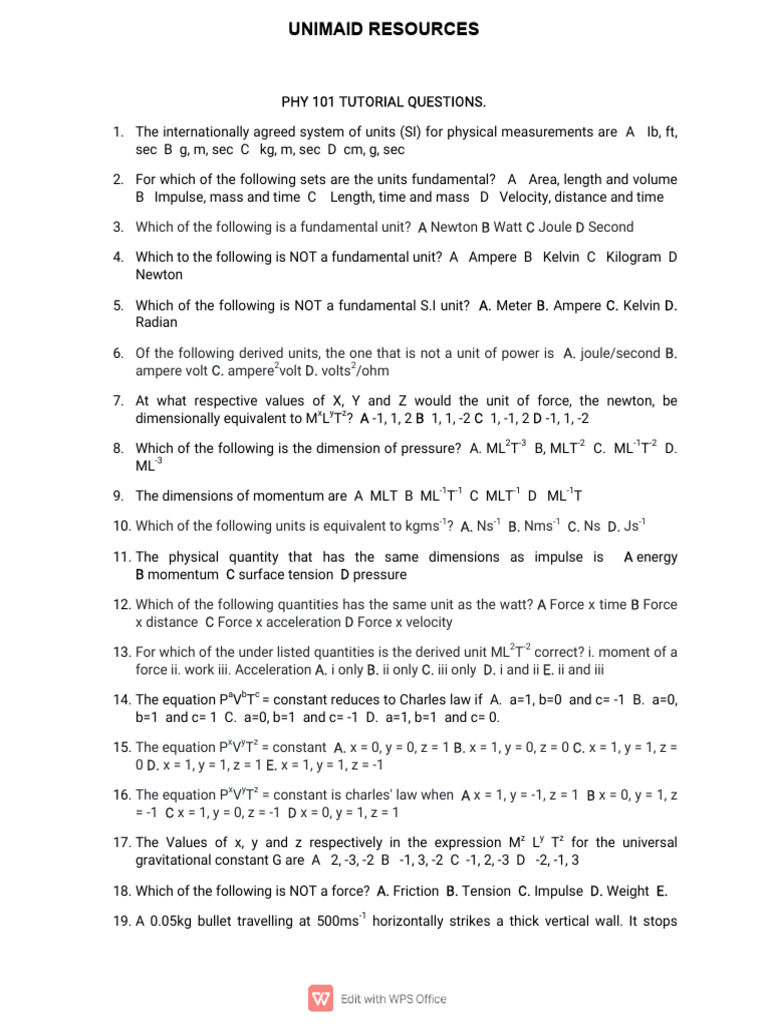 PHY 101 TUTORIAL SHEET - Watermark | PDF | Units Of Measurement | International System Of Units