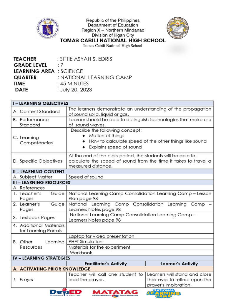 LESSON-PLAN - G7-NLC - Lesson 30 | PDF | Learning | Sound