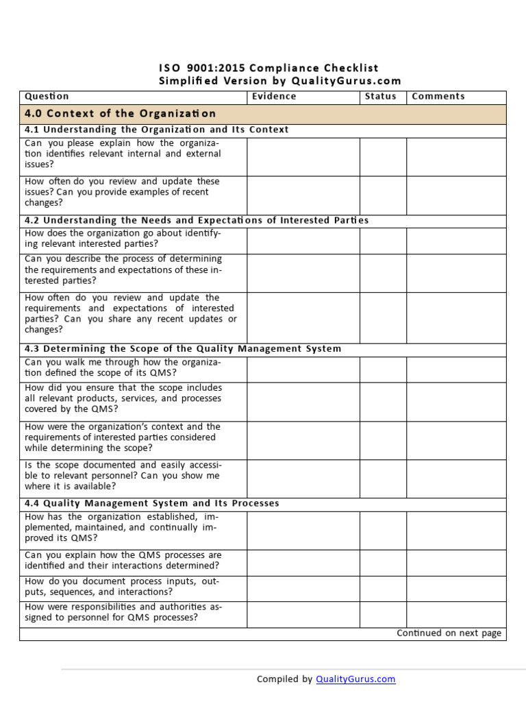 9001 2015 Audit Checklist Simplified Version | PDF | Quality Management ...