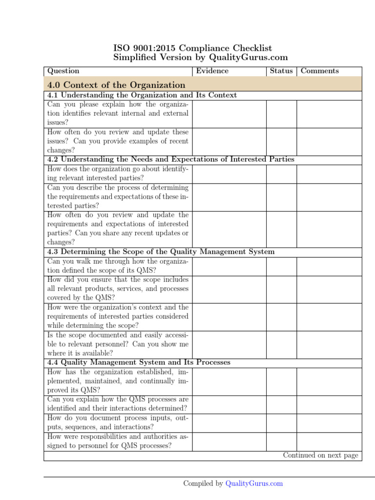 ISO 9001:2015 Compliance Checklist | PDF | Quality Management System ...
