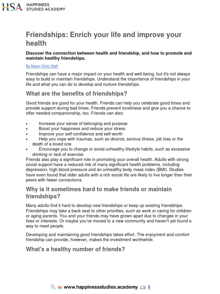 Benefits of Friendships for Health | PDF | Friendship | Psychology