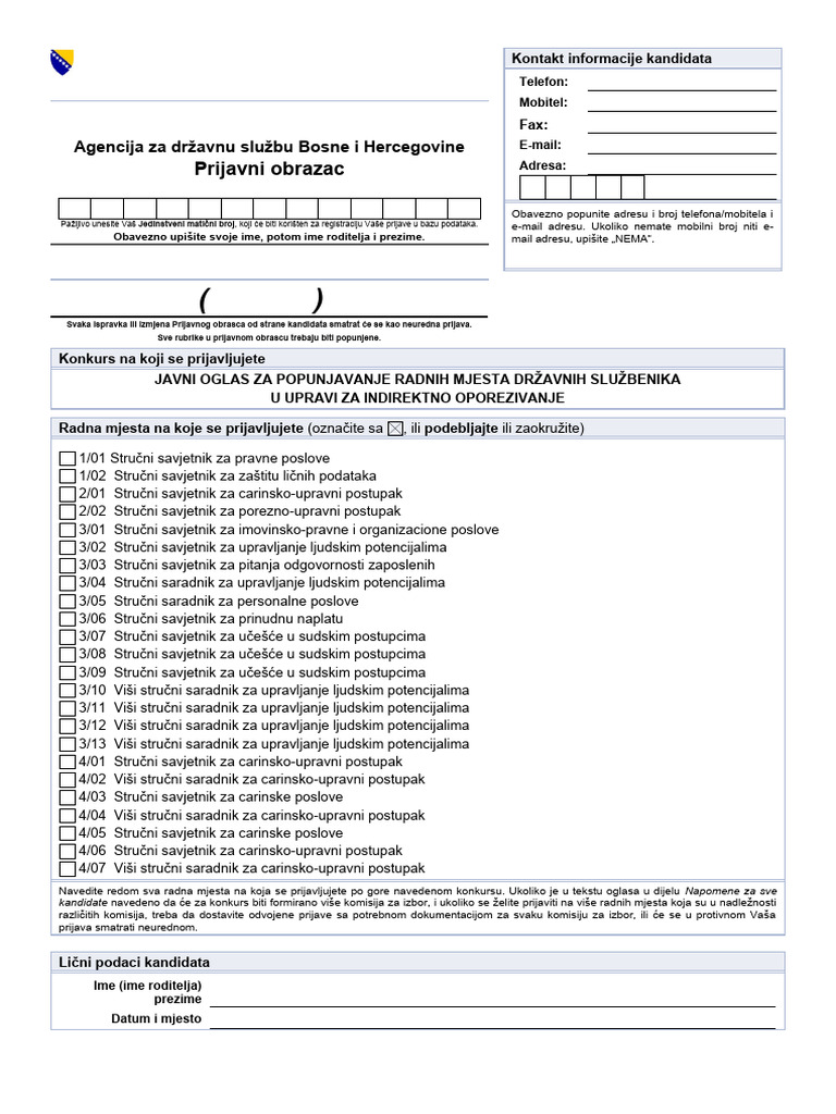 Prijavni Obrazac Bs | PDF