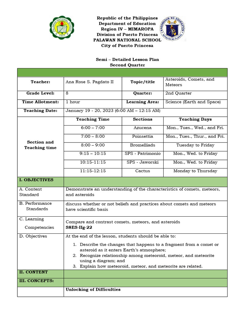 Lesson Plan on Asteroids and Comets | PDF | Meteoroid | Meteorite