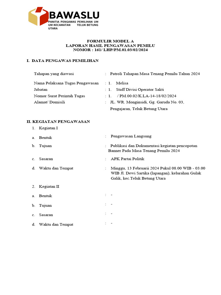 Form A Publikasi Dokumentasi Patroli Tahapan Masa Tenang MELISA | PDF