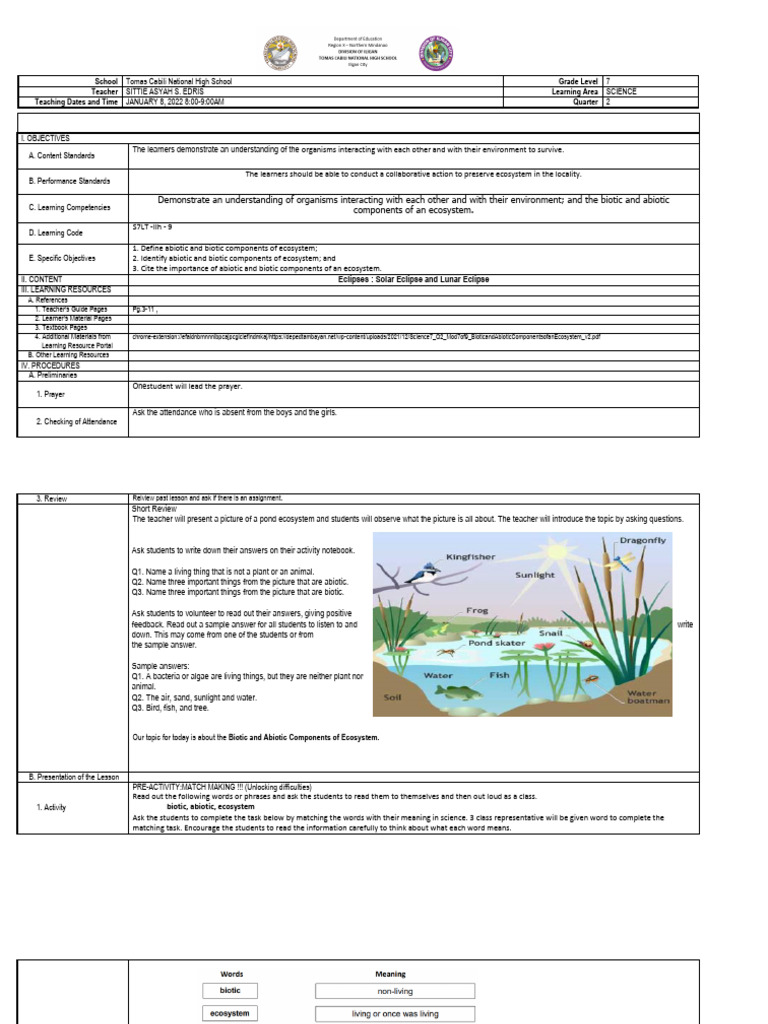 Cot Lesson Jan | PDF | Ecosystem | Plants