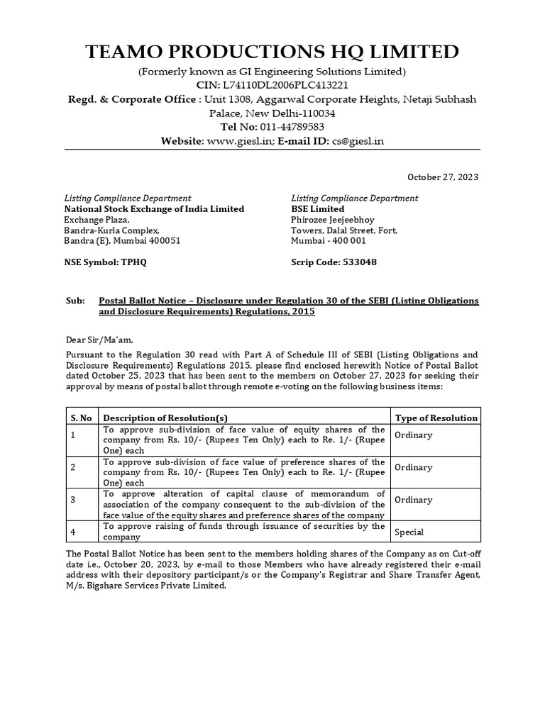 Teamo Productions HQ Limited | PDF | Securities (Finance) | Stocks