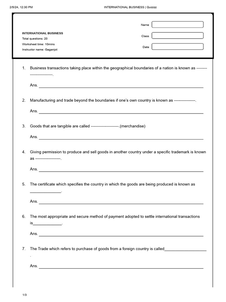 INTERNATIONAL BUSINESS - Quizizz | PDF | Receipt | Letter Of Credit